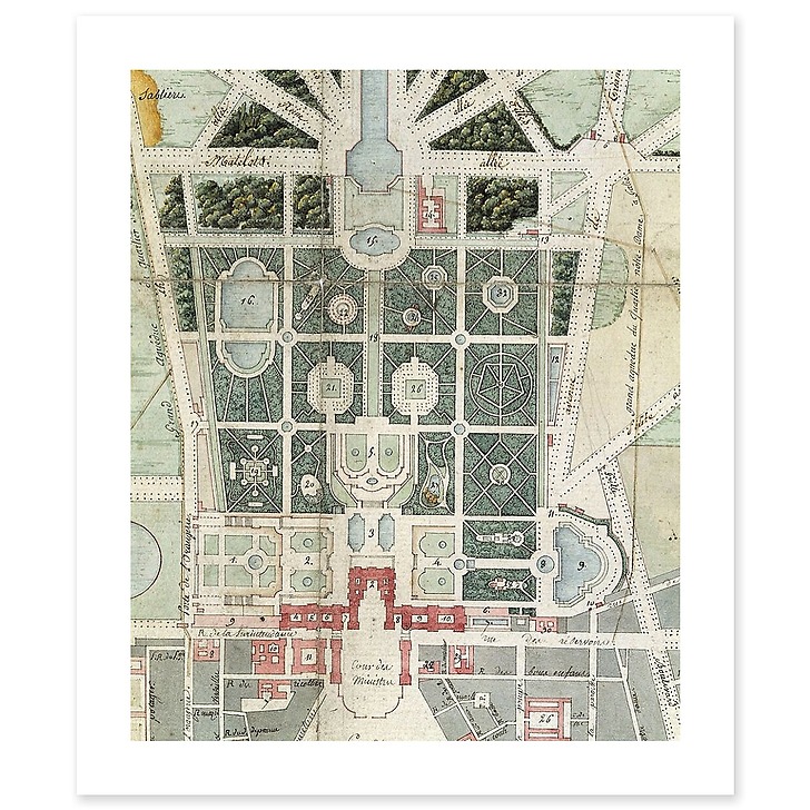 Map of the castle, the Gardens, the Small Park, Trianon, the city of ...
